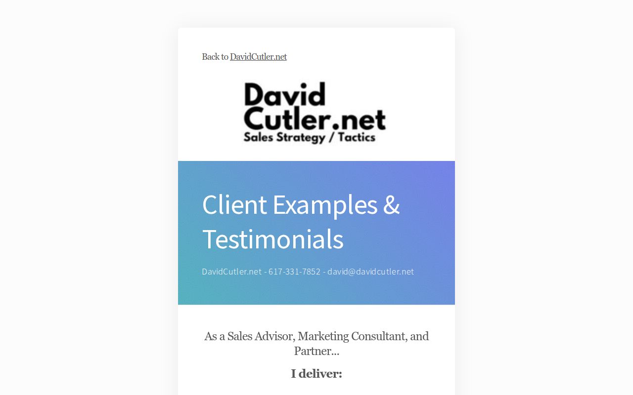 David Cutler Client Examples and Testimonials